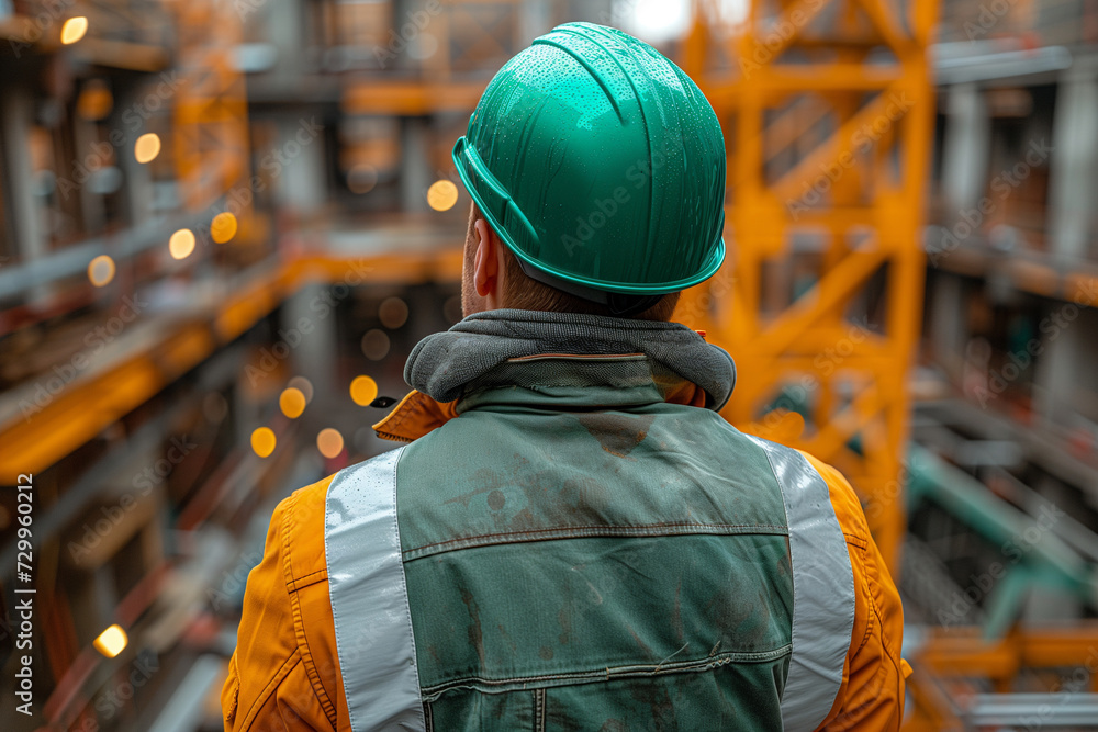 construction safety officer with green helmet, Diligent construction ...