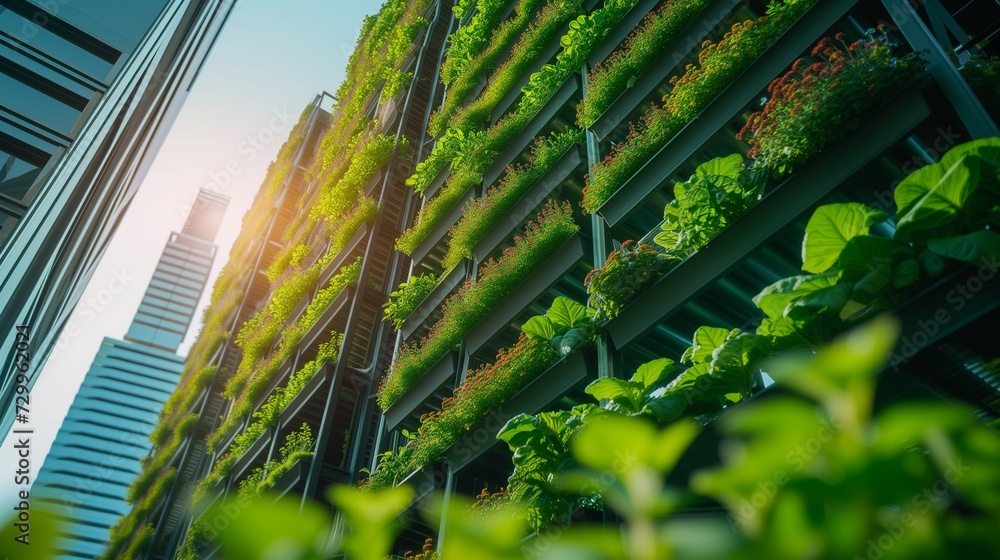 Vertical farming setup showcasing lush green plants growing in a soil ...
