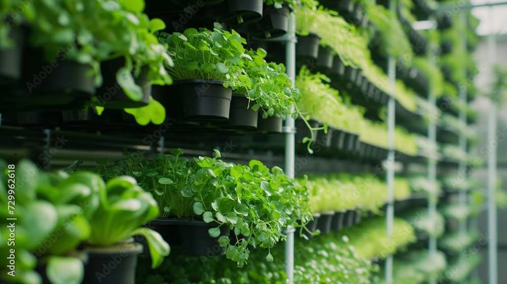 Vertical farming setup showcasing lush green plants growing in a soil ...