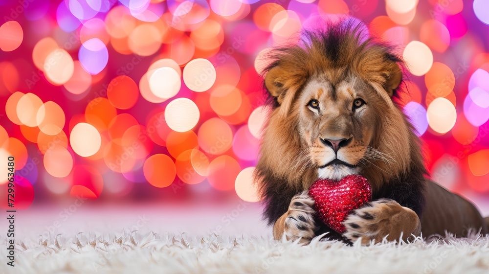 Lion presenting heart shaped gift on blurred magical background for ...