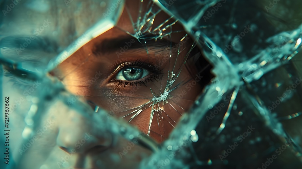 Fragmented Screen: Person's Face Reflected in Shattered Phone Screen ...