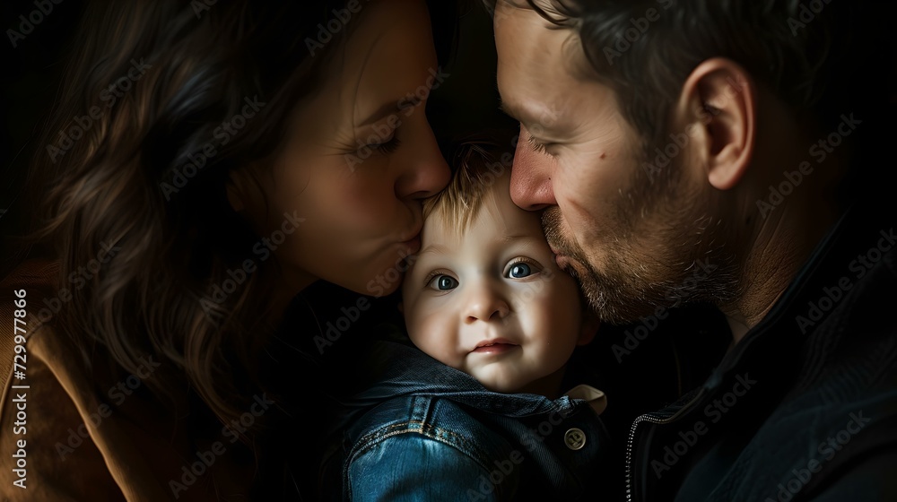 Intimate family moment with parents kissing their child. warm, soft ...