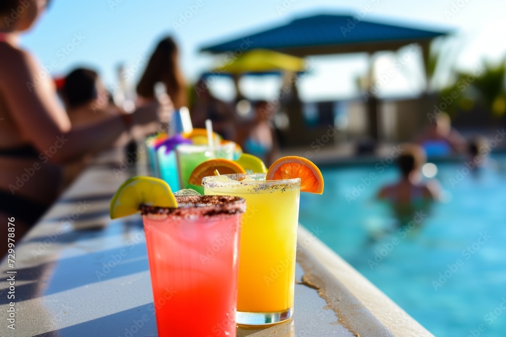 line of colorful cocktails on pool bar, patrons in swimwear Stock Photo ...