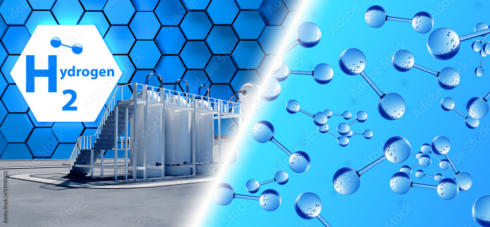 Hydrogen factory. H2 molecules on blue. High pressure tanks for ...