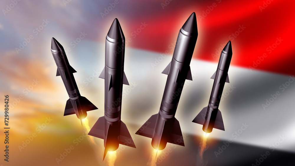 Military rockets near Yemen flag. Four warheads to strike enemy ...