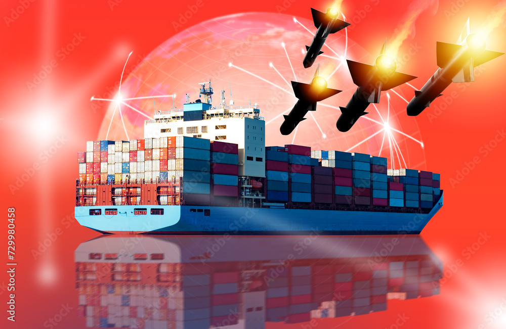 Missiles attack cargo ship. Sea vessel became victim of attack. Sea ...