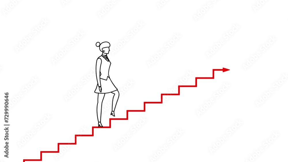 Whiteboard cartoon businesswoman going up chart graph stairs animation ...