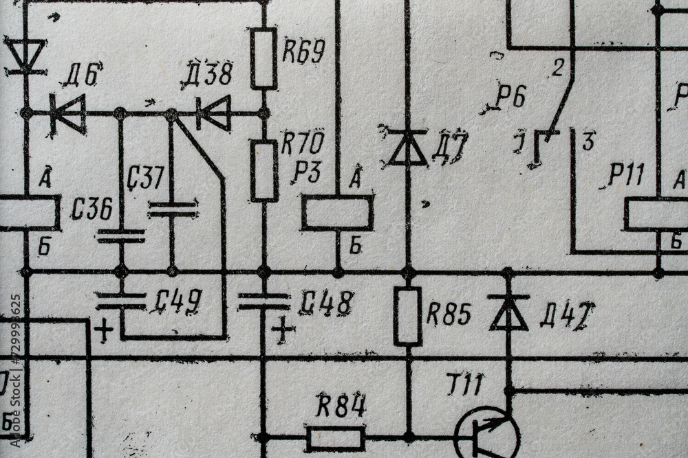 Old radio circuit printed on vintage paper electricity diagram as ...