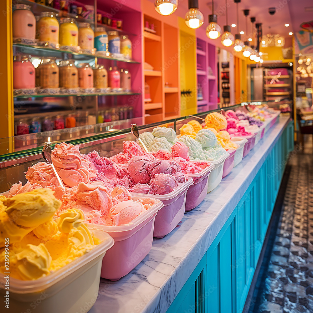 ice cream in pastel colours served in wafers with a variety of fruits ...