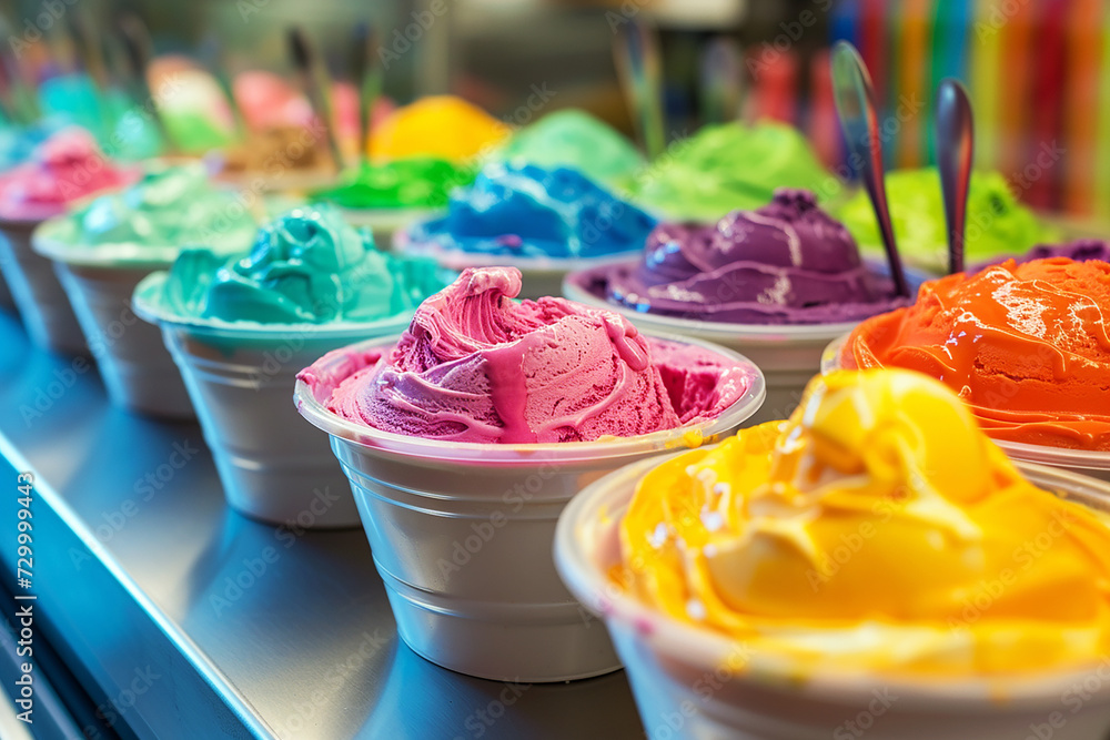 ice cream in pastel colours served in wafers with a variety of fruits ...