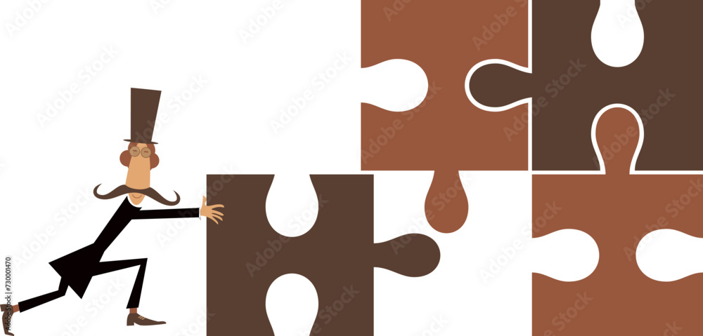 Man in the top hat solving the puzzle. Cartoon long mustache man in the ...