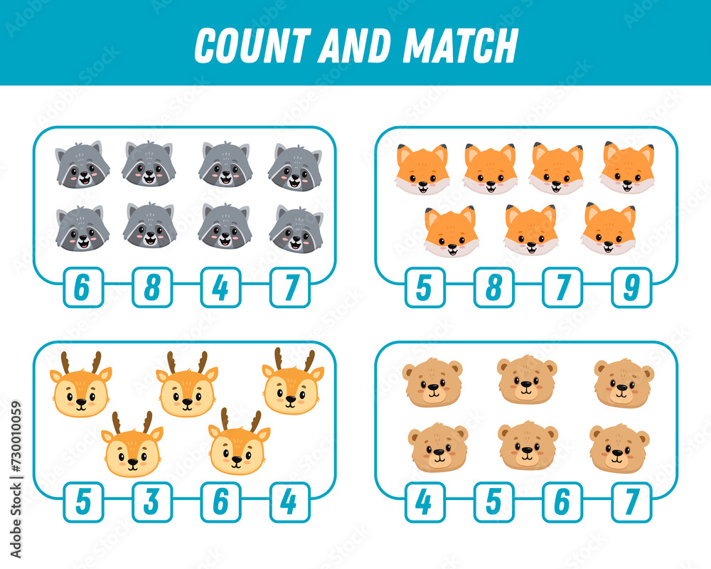 Education game for children count and match of cute cartoon forest ...