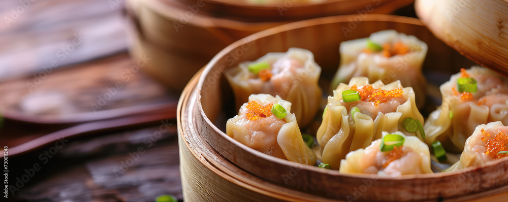 Assorted different Dim Sum in Bamboo Steamers bowl. Close-up of various ... Assorted different Dim Sum in Bamboo Steamers bowl. Close-up of various ...