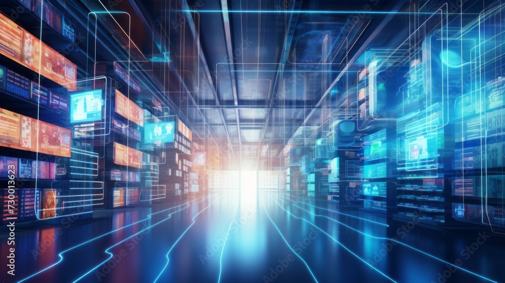 Futuristic technology retail warehouse with electronic grids and ...