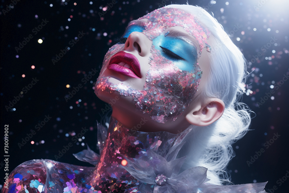 Beauty editorial portrait featuring a model with holographic and ...
