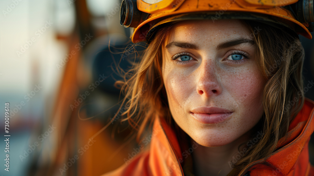 Female engineer. Female offshore engineer wearing a safety helmet and ...