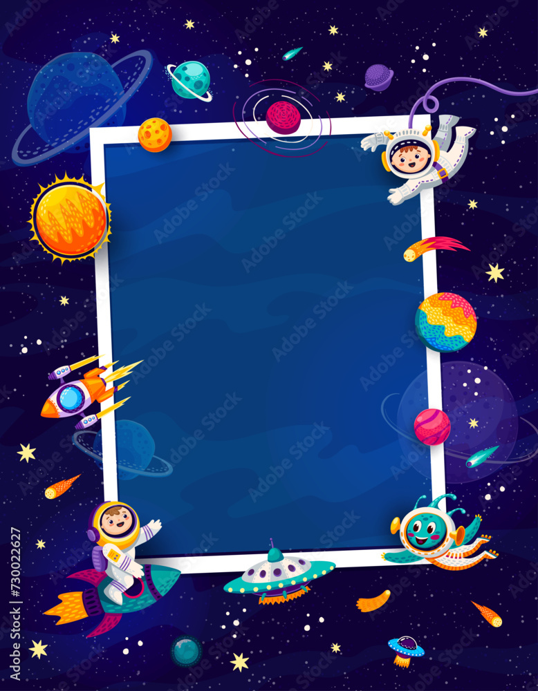 Birthday photo frame with galaxy space planets, rocket and stars, ufo ...