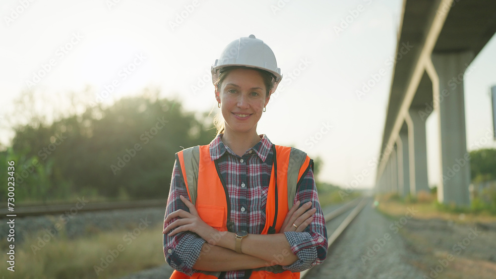 Beautiful engineer woman in safety uniform and helmet standing with ...