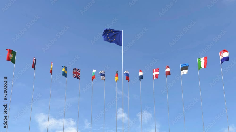 Looping video of European Union Countries flag Waving on blue sky ...