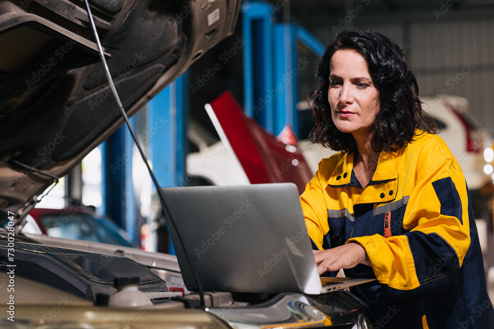 auto mechanic car engineer using laptop computer tuning ECU diagnosis ...