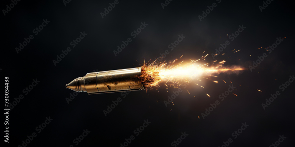 Flying sparkling bullet in slow motion, Bullet after shot with fire and ...