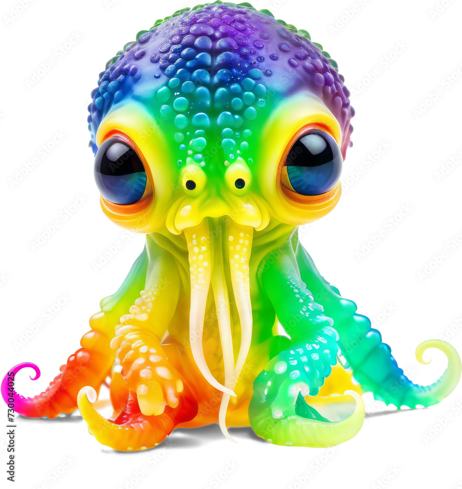 Rainbow colorful baby walrus-creature with huge iridescent eyes and ...