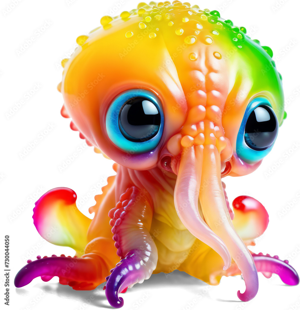 Rainbow colorful baby chtulu-creature with huge blue eyes looking up ...