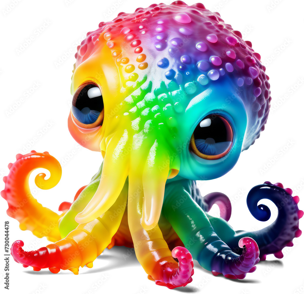 Rainbow purple colorful baby octopus-creature with huge curious red ...