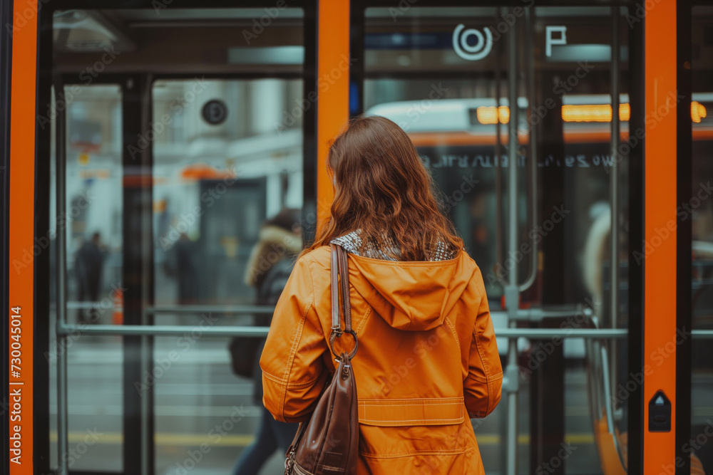 Smartphone, bus stop and woman waiting for shuttle for public transport ...