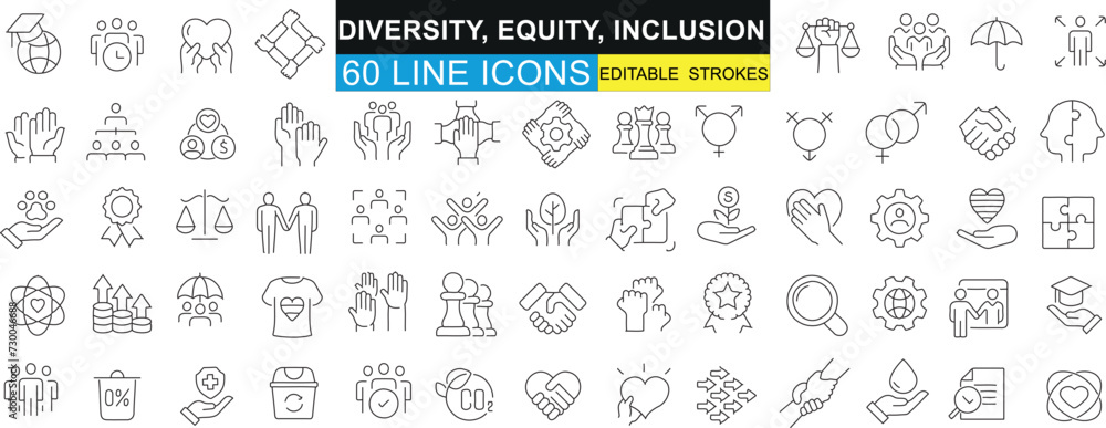 Diversity, Equity, Inclusion, 60 Line Icons Vector Illustrations, Business, Teamwork, Education ...