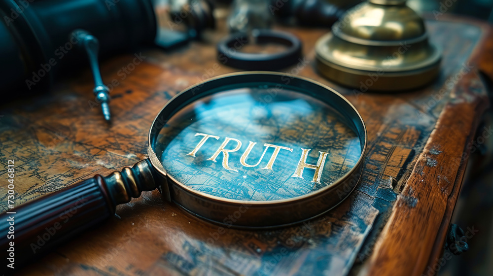 Vintage magnifying glass lying on rough surface focusing on the word ...