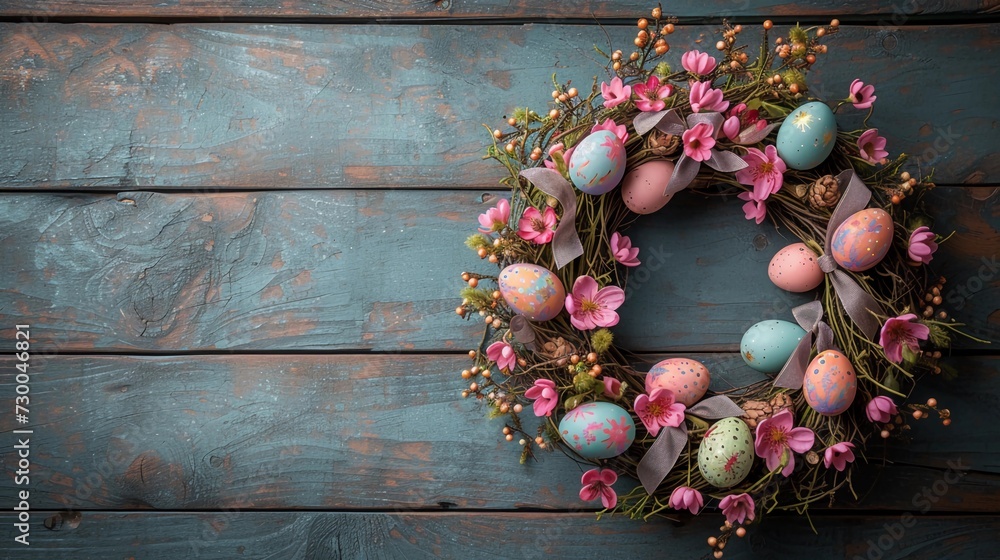 Easter wreath made of spring flowers, willow twigs, Easter eggs, and ...