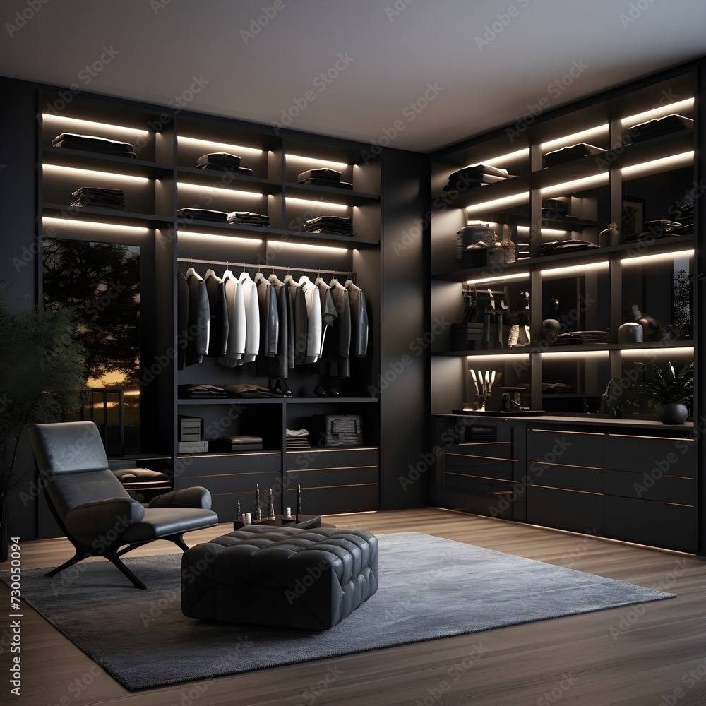 a walk-in closet that embraces edgy noir aesthetics. Picture matte ...