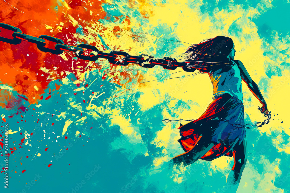 A symbolic illustration depicting feminism as a force breaking chains ...