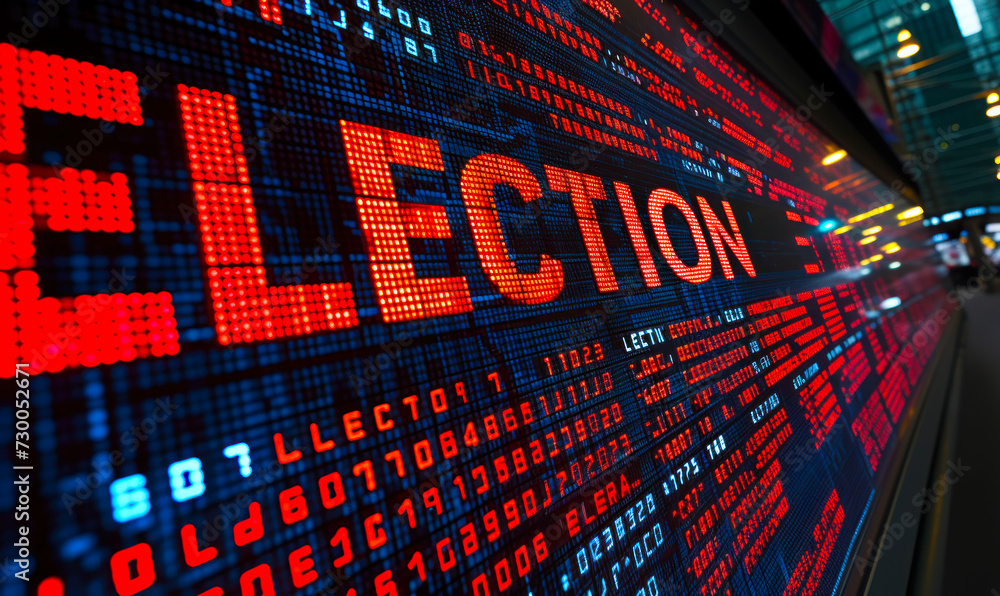 Election spelled in bold digital font on a stock market ticker screen ...