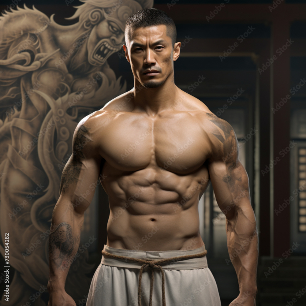 anceint chinese style muscular man with fair skin and highly realistic ...