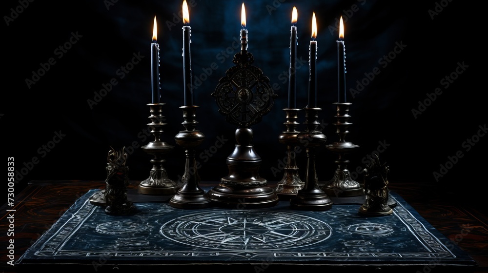 Dark room with ritual book and burning candles on table for magic ...