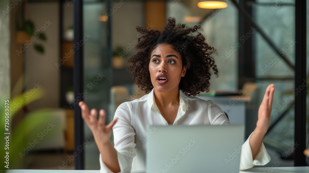 Confused businesswoman at desk. Perplexed African American woman in ...