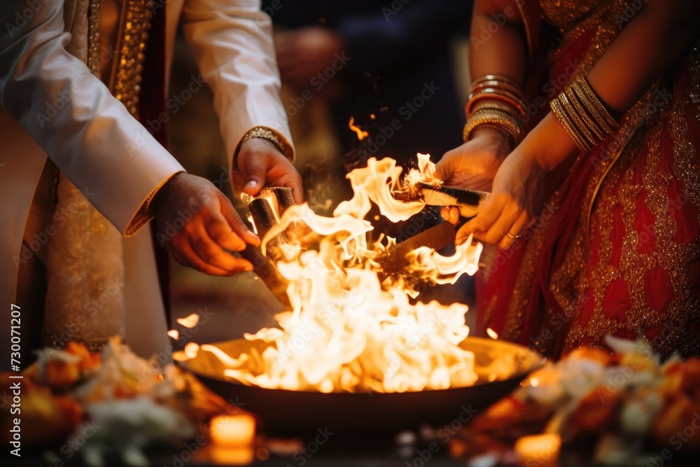 Hindu couple performs wedding rituals around a sacred fire during their ...
