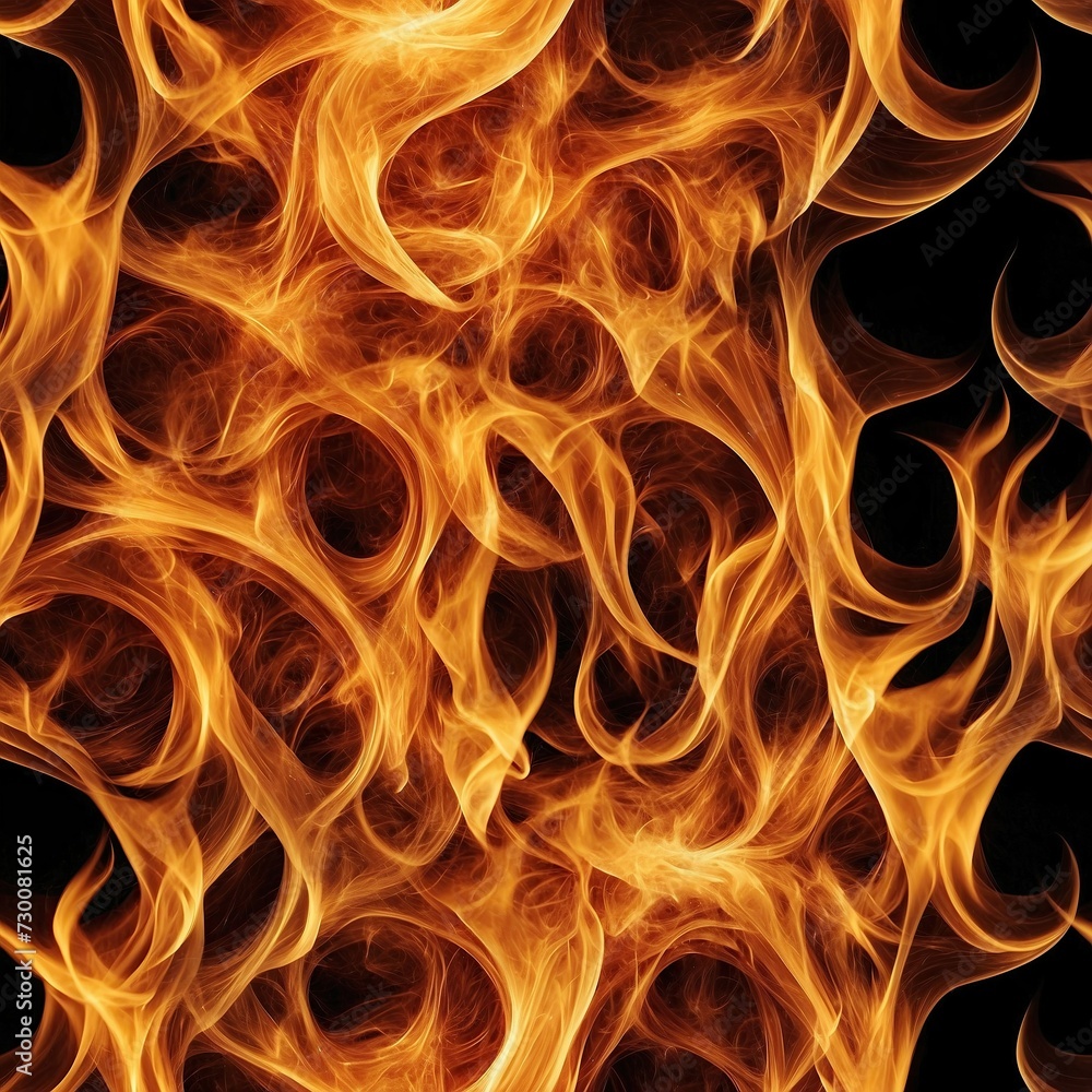 Intense flames of fire, with bright orange and yellow tones, form an ...