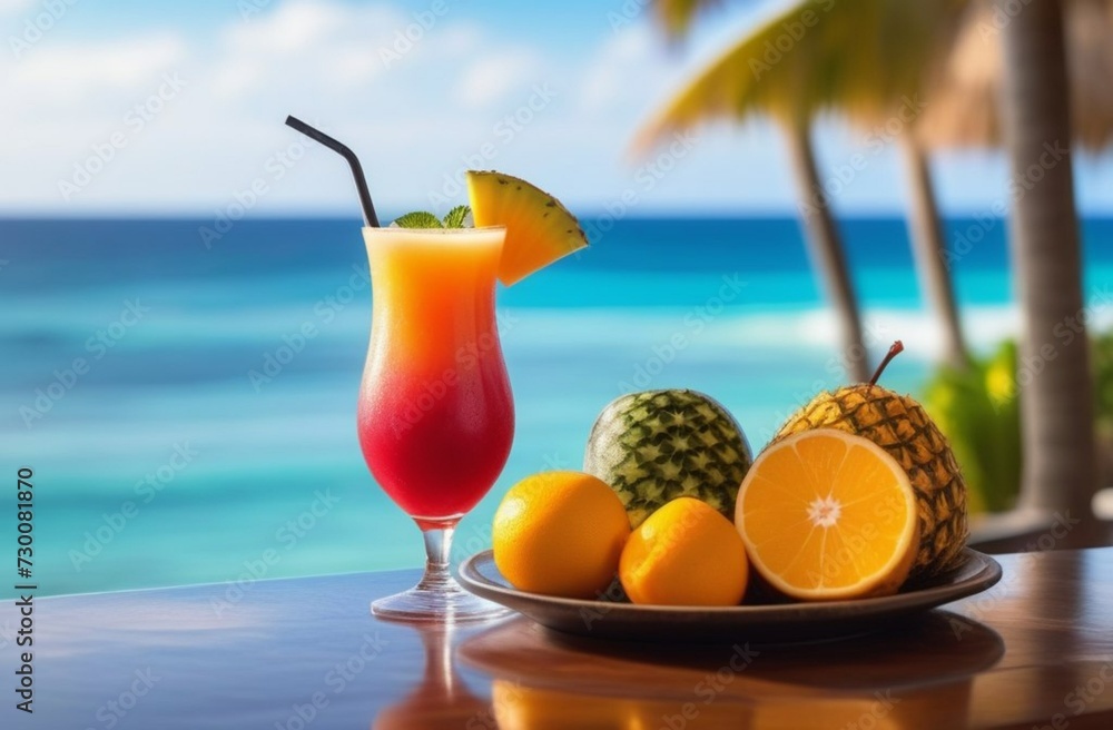 Cocktails at a beach bar at tropical resort. Summer vacation background ...