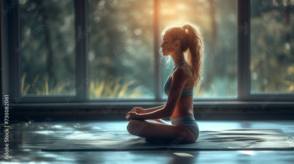 Young woman practicing lotus asana in yoga studio. Padmasana pose ...