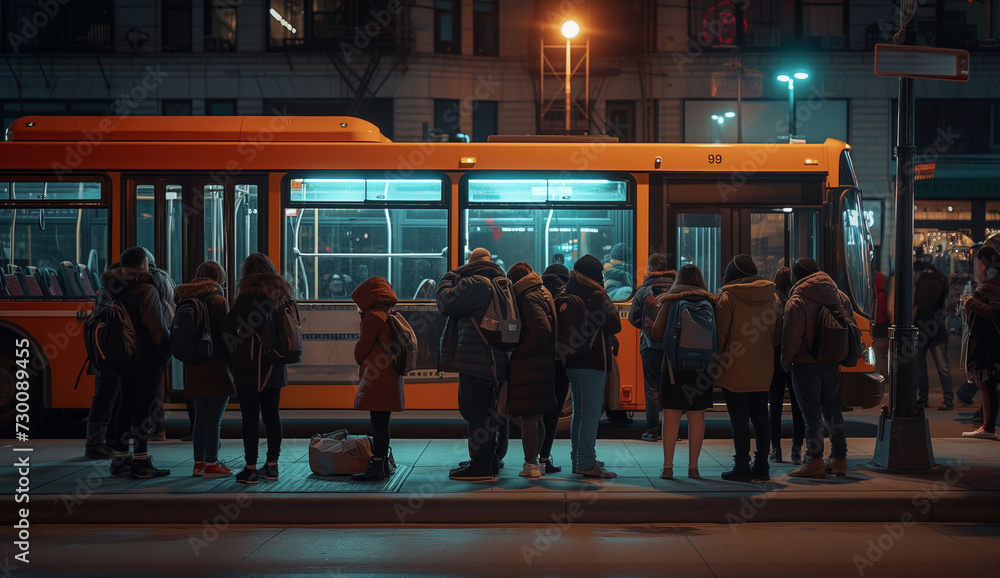 Bus stop, background and group of people lineup in the city for commute ...