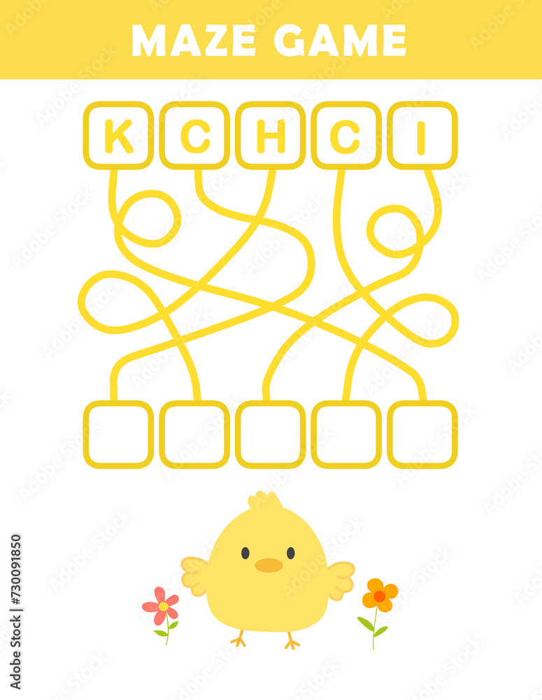 Word maze worksheet for kids with cute chick illustration. Labyrinth ...