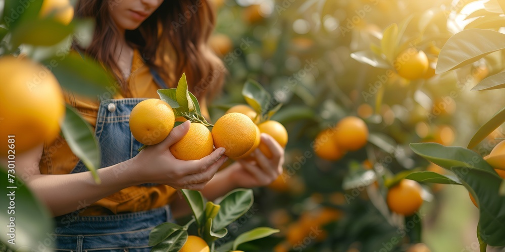 Beautiful asian woman picking oranges in the orchard. Harvesting ...
