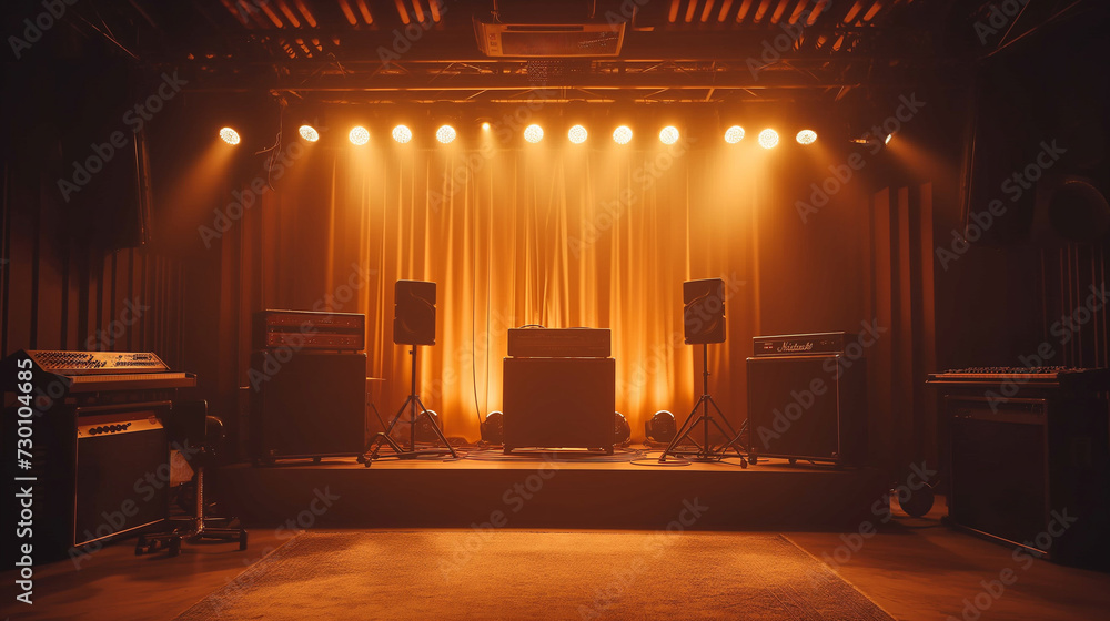 Music rehearsal studio with Drum Set in the Middle, sound mixing ...