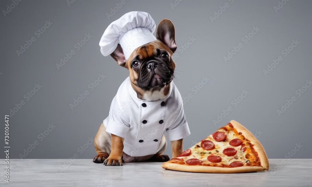 A French bulldog dog chef in white uniform, coolly presenting pizza ...