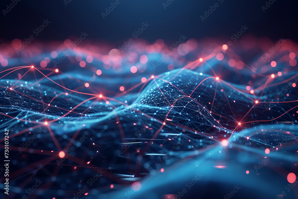 a digital, abstract network of interconnected nodes against a dark background. Bright blue nodes ...