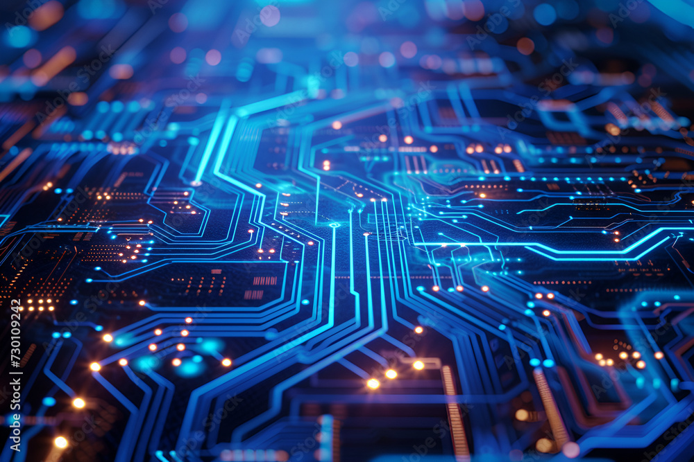 a close-up view of an electronic circuit board illuminated by bright ...