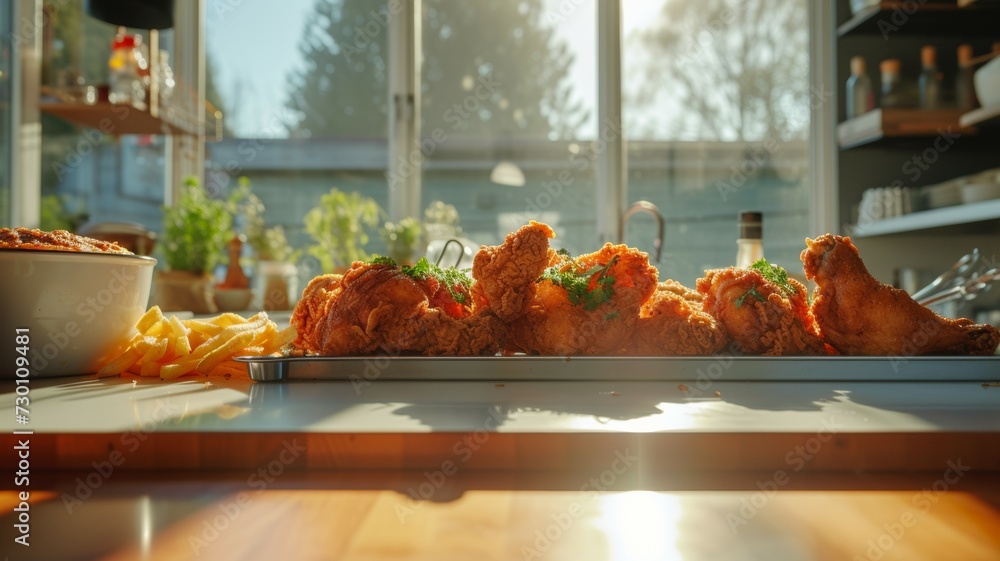 Pan fried crispy breaded chicken breast on a platter, background bright ...